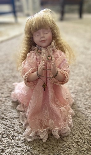 Angel Kneeling Praying Doll Porcelain Blonde Hair Pink Dress Gown | eBay
