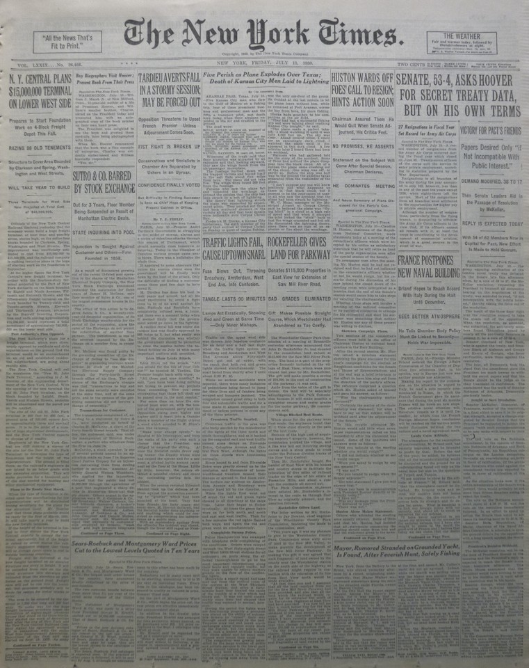 7-1930 July 11 NAVAL TREATY ROCKEFELLER GIVES LAND. 5 PERISH AS PLANE ...