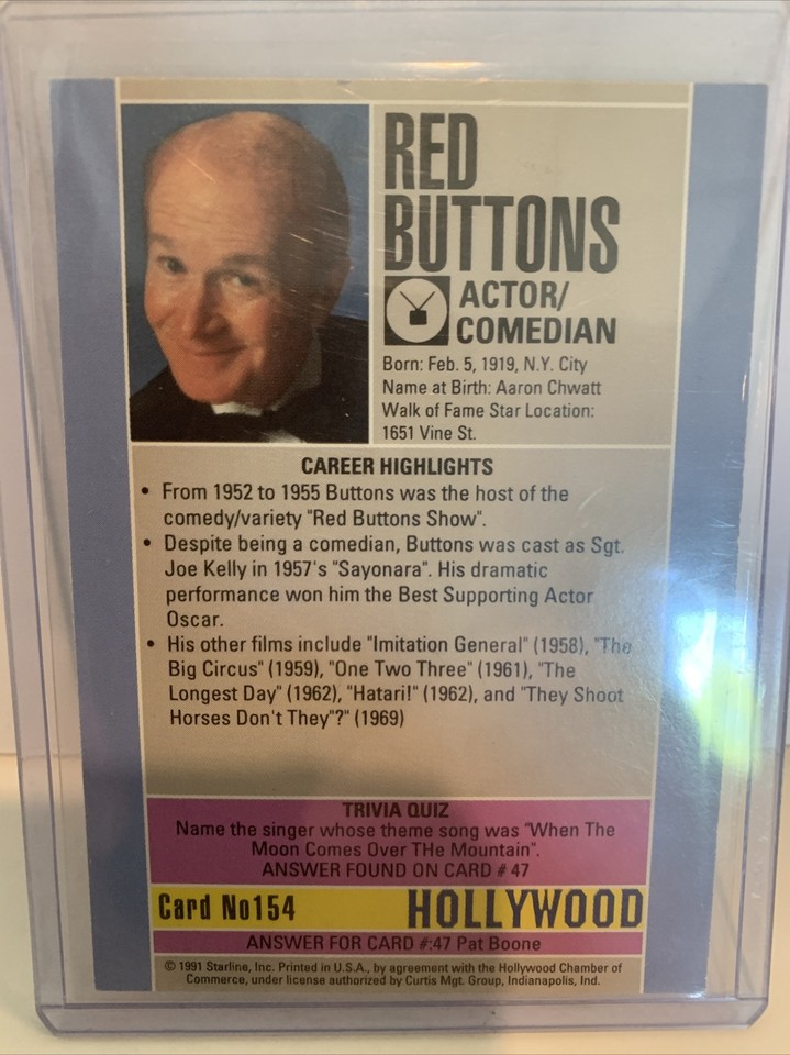 Starline Hollywood Autograph Card #154 RED BUTTONS Actor & Comedian ...