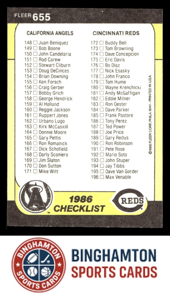 1986 Fleer #655 Checklist: Yankees / Dodgers / Angels / Reds | eBay