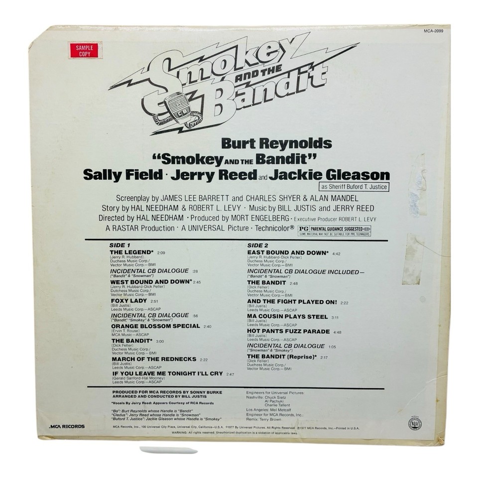 Smokey and the Bandit Soundtrack LP MCA-2099 Sample Copy Burt Reynolds ...