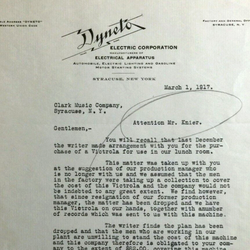 Letterhead Dyneto Electric Corporation Syracuse New York 1917 | eBay