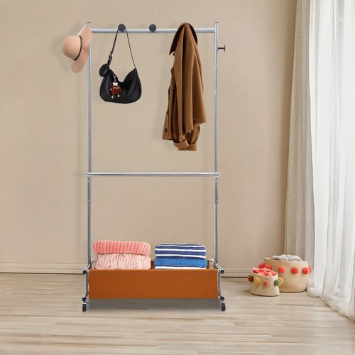 Movable Garment Rack - Modern Silver Iron, Free Standing, 4 Wheels & 5 ...