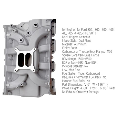 Satin Aluminum Dual Plane Intake Manifold For Ford FE 360 390 406 410 ...