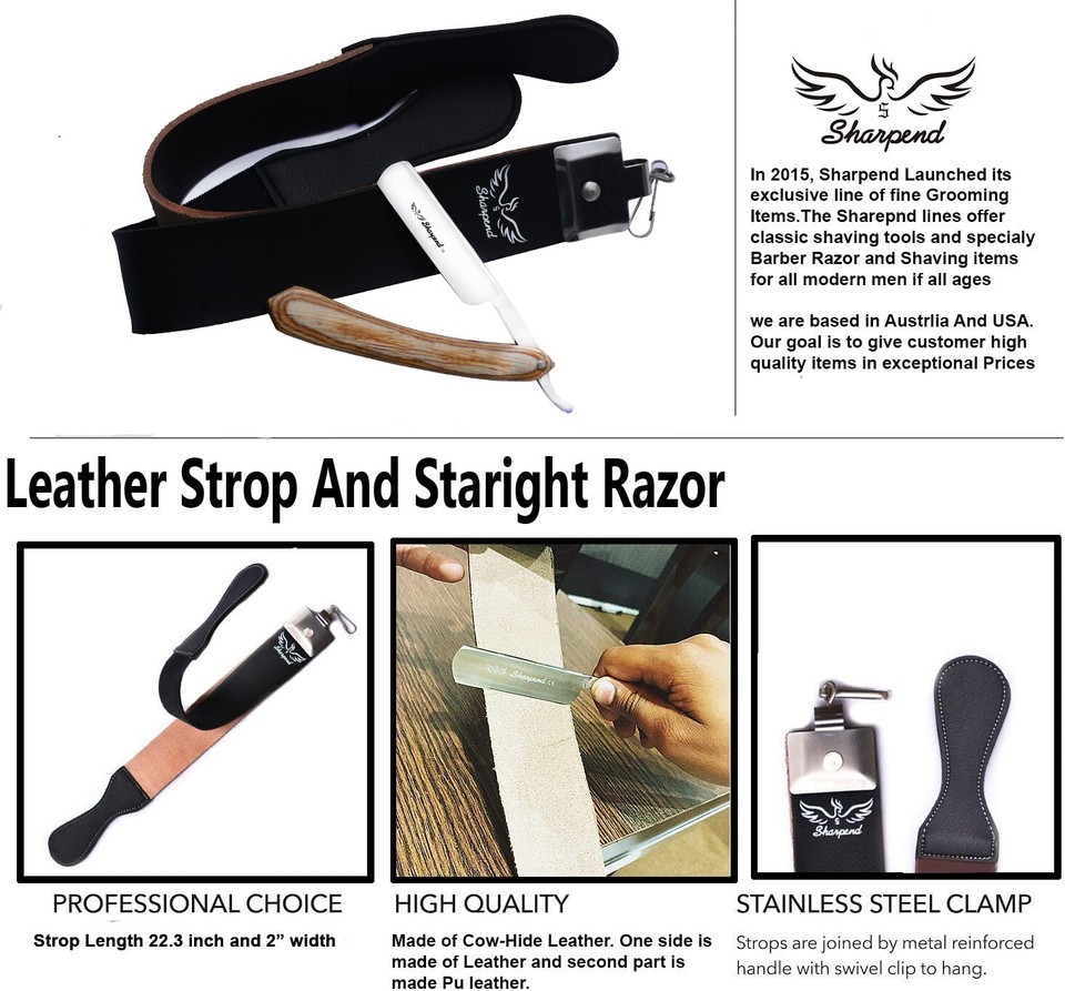 STRAIGHT CUT THROAT WET SHAVING RAZOR+SHARPENING LEATHER STROP/BELT ...