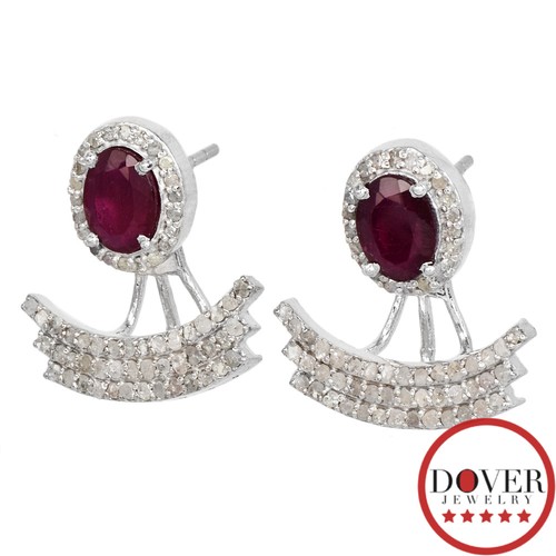 Estate Diamond 2.80ct Ruby Silver Oval Cut Stud Earrings Jackets 6.3 ...
