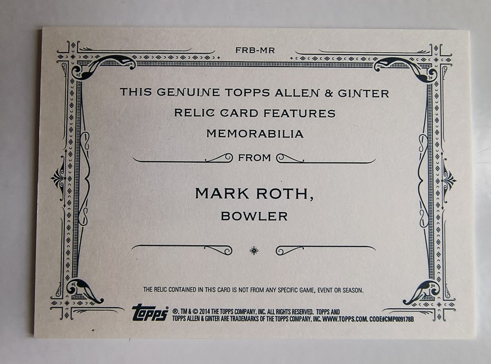 MARK ROTH Relic Card 2014 Topps Allen & Ginter BOWLING LEGEND | eBay