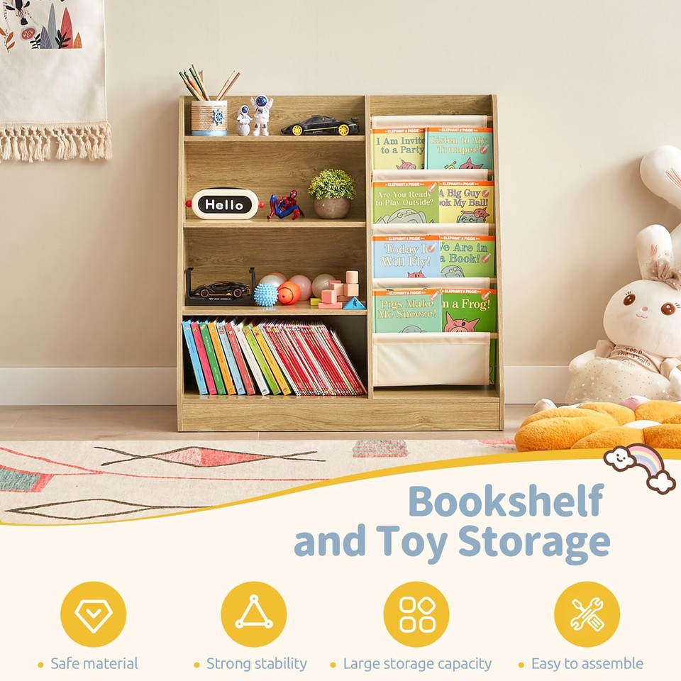 4 Tier Kids Wooden Bookshelf 5-Layer Sling Bookcase Storage Book Rack ...