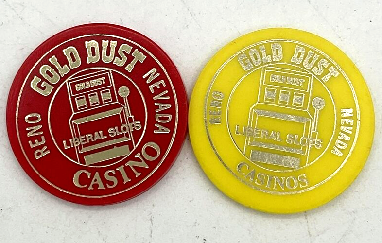 Lot of 2 Gold Dust Casino Reno NV Liberal Slots Drink Tokens Red Yellow ...