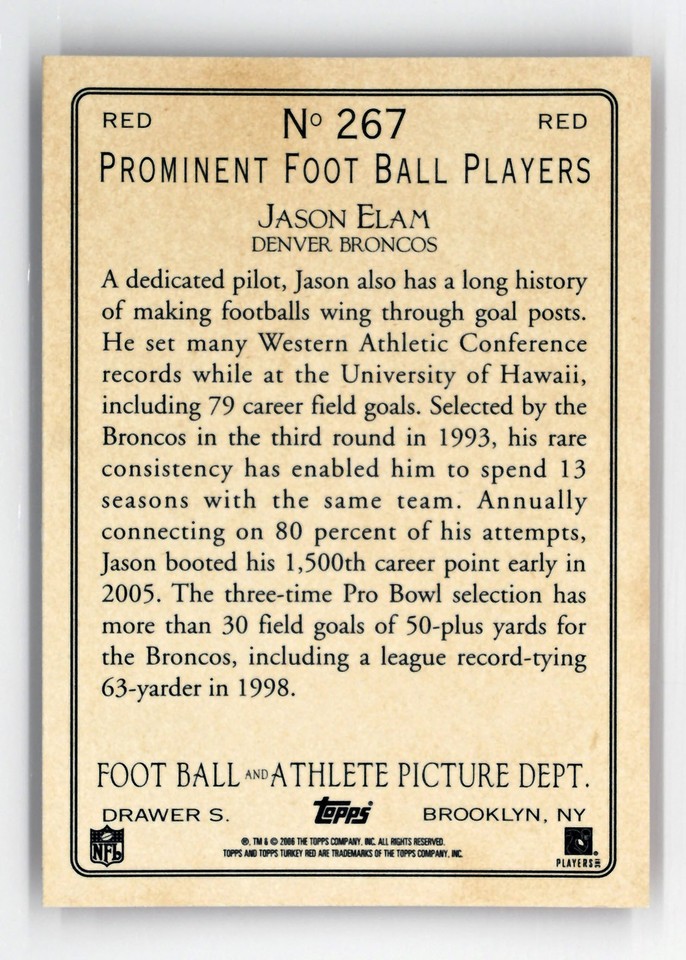 2005 Topps Turkey Red #267 Jason Elam Red Denver Broncos | eBay