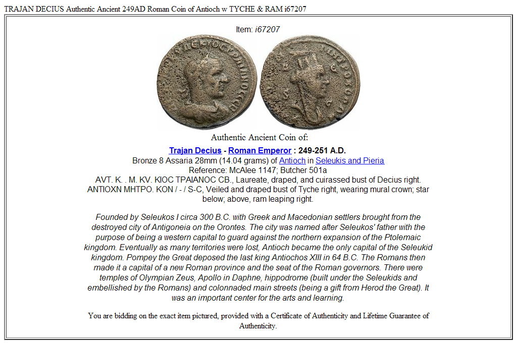 TRAJAN DECIUS Authentic Ancient 249AD Roman Coin of Antioch w TYCHE ...