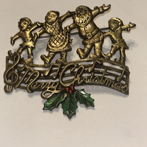 Vintage JJ Jonette Merry Christmas Brooch Pin Enamel Brass Tone Claus ...