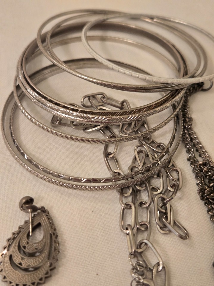Jewelry lot Dark silver tone metal 2 chains 9 bangles 4 pair earrings #7-18A | eBay