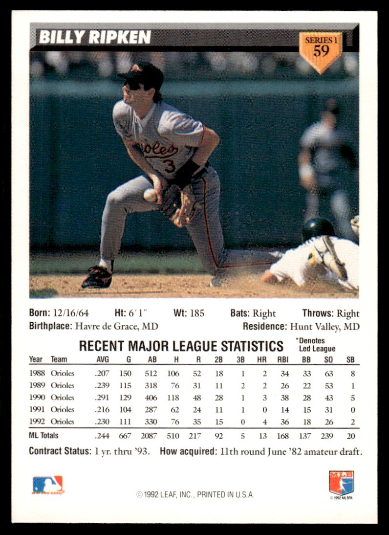 1993 Donruss Baseball Card Billy Ripken Baltimore Orioles #59 | eBay