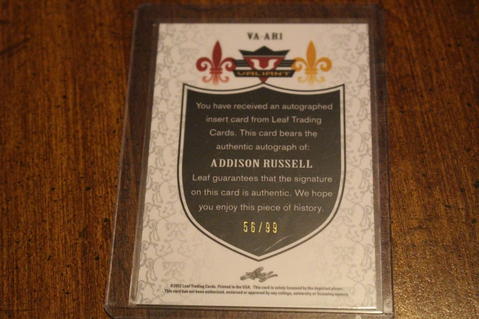 ADDISON RUSSELL 2012 LEAF VALLIANT ORANGE AUTOGRAPH #56/99 ON CARD CUBS ...