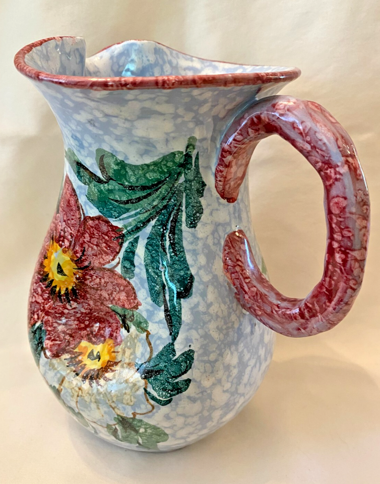 Vintage Hand Painted Italian Pottery Blue Floral Pitcher Vase Speckled ...