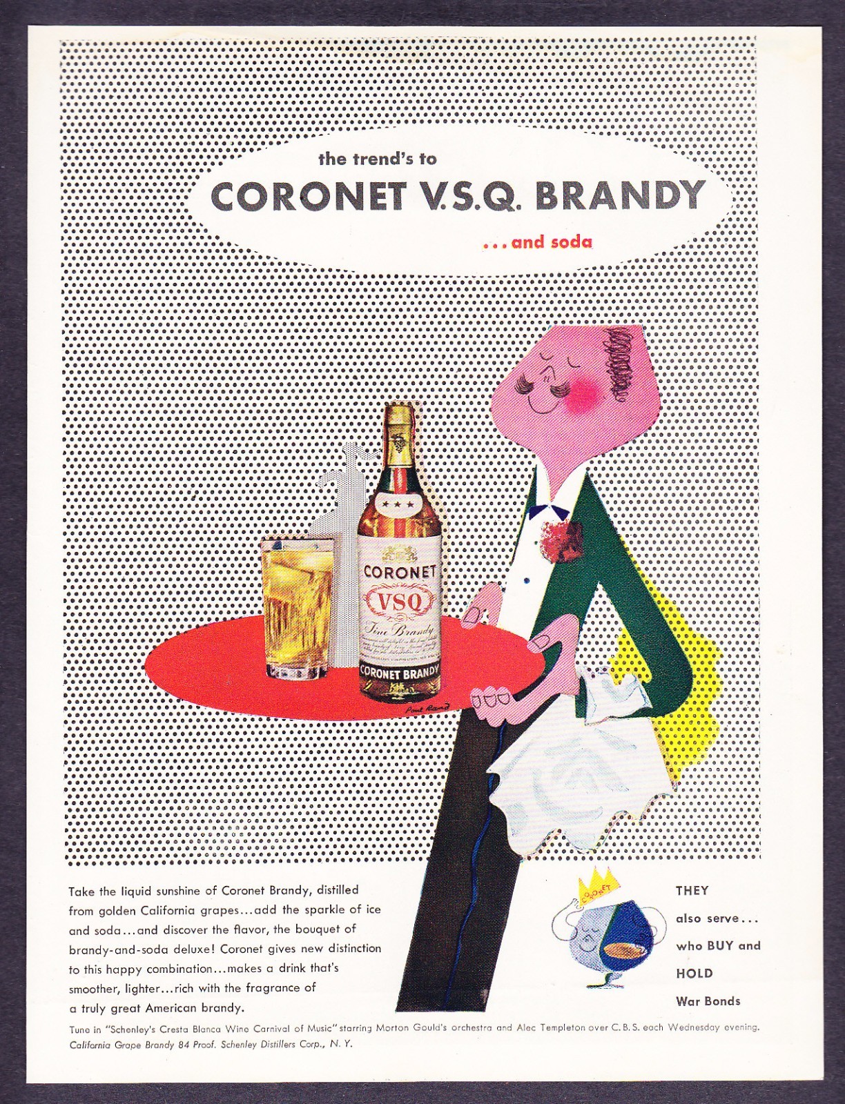 1944 Waiter Serving Drinks art by Paul Rand Coronet VSQ Brandy vintage ...