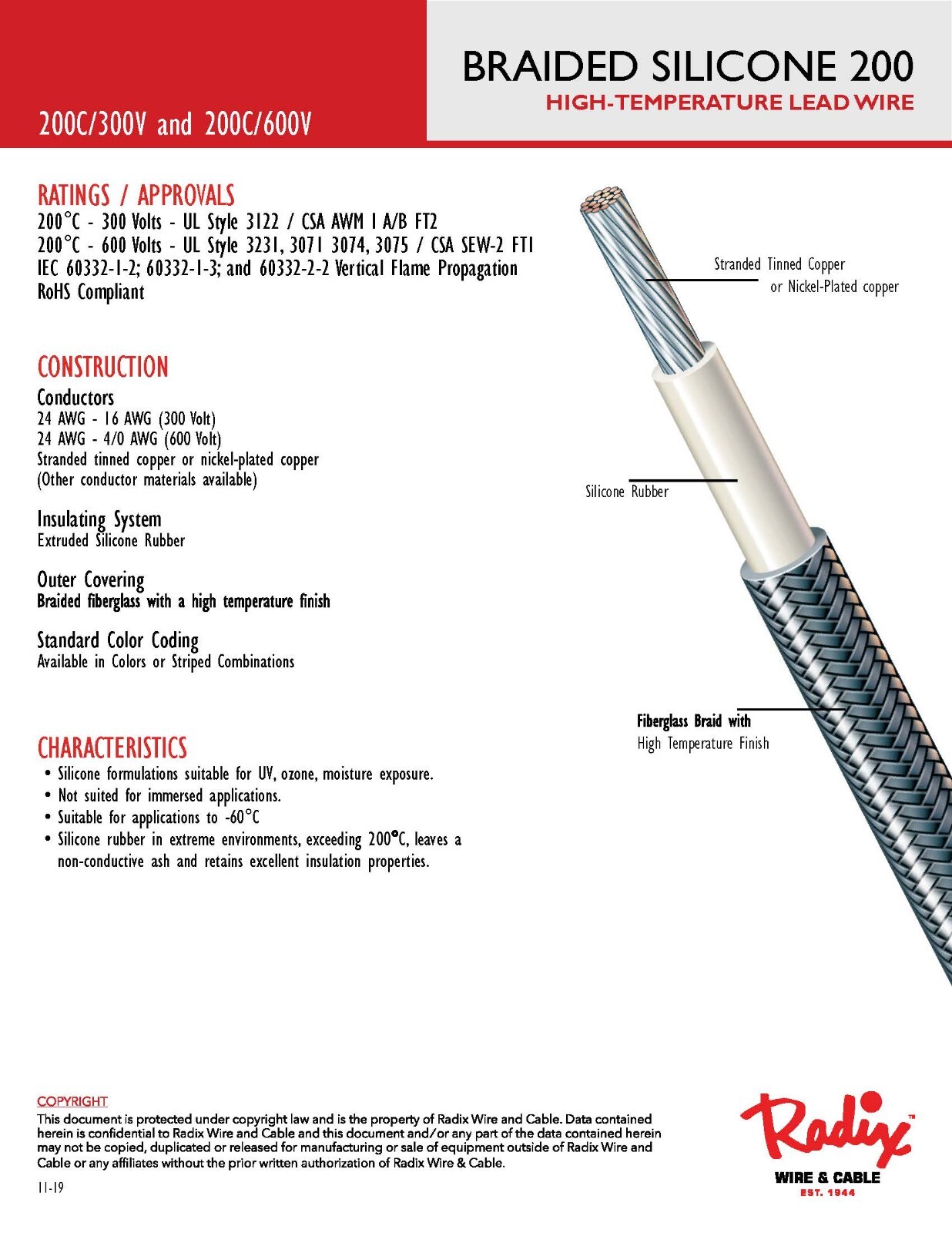 Radix JFM14T007 #14awg UL3231 SEW-2 High Temp Lead Wire 200C/600V Black ...