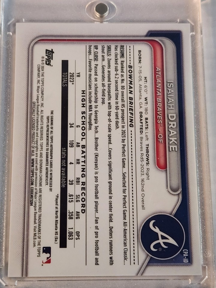 2024 Bowman Chrome Isaiah Drake 1st Auto CPA-ID Braves Prospect | eBay