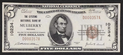 Ch. 10234 1929 Ty. I $5 The Citizens National Bank of Mulberry, Indiana ...