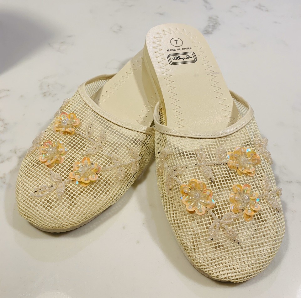 Womens Chinese Mesh Slippers Slides Slip On Sandal House Shoe Floral ...