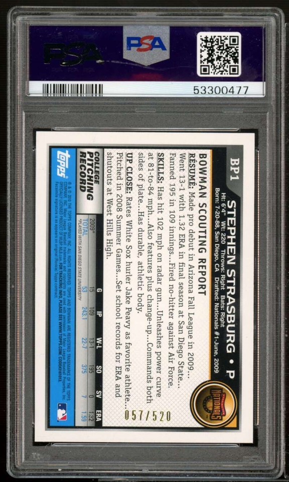 Stephen Strasburg Rookie Card 2010 Bowman Prospects Blue #BP1 PSA 9 | eBay