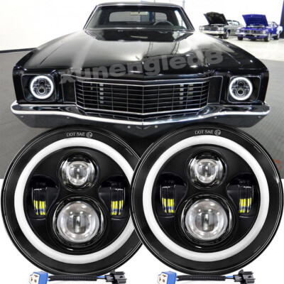 Fit Chevy Monte Carlo 1970-1975 7" Round Projector LED Headlights Halo ...