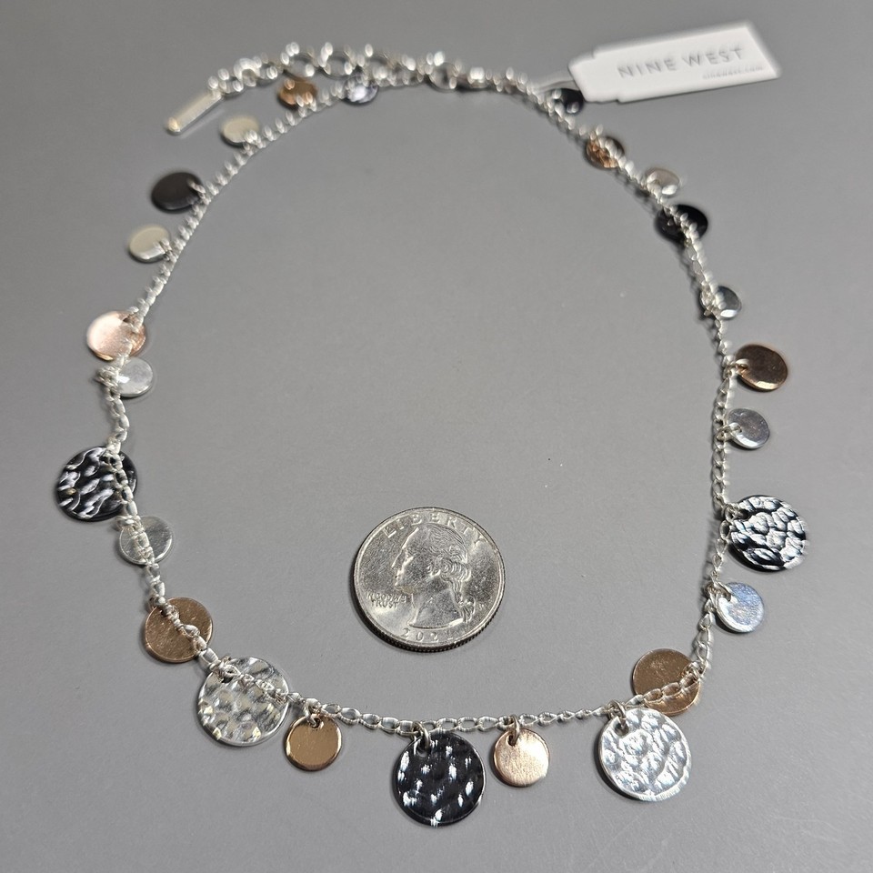 Nine West Dangling Disc Necklace Multi-Tone Hammered Coins Silvertone ...