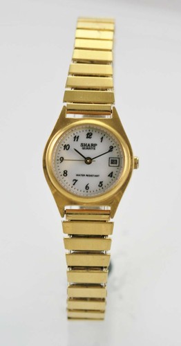 Sharp Watch Womens White Stainless Gold Stretch Water Resistant Date ...