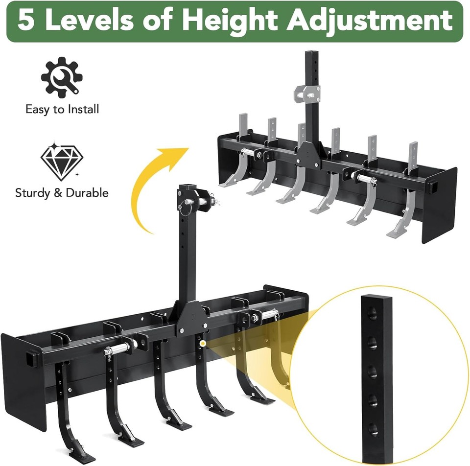 55" Box Blade 3 Point Hitch Box Scraper w/ 6 Scarifier Shanks for Cat 0 ...