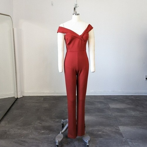 Miss Circle Off Shoulder Jumpsuit Red Brown M party cocktail Slim Leg ...