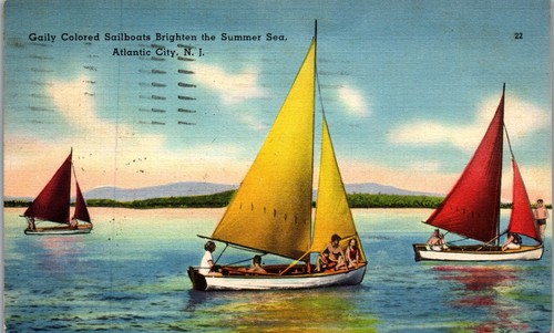 Gaily Colored Sailboats Brighten the summer Sea, Atlantic City Postcard ...