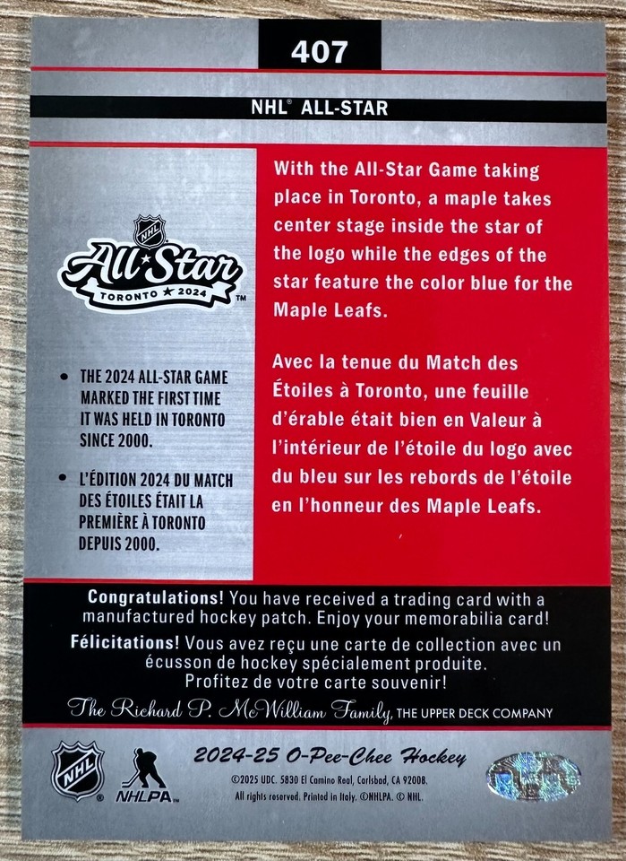 2024-25 OPC O-PEE-CHEE HOCKEY NHL ALL STAR GAME TORONTO 2024 PATCH SSP ...