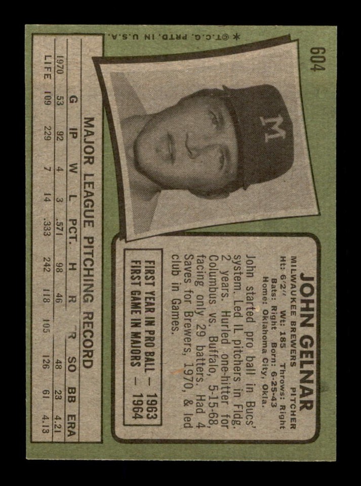 1971 Topps Baseball #604 John Gelnar NM *d4 | eBay