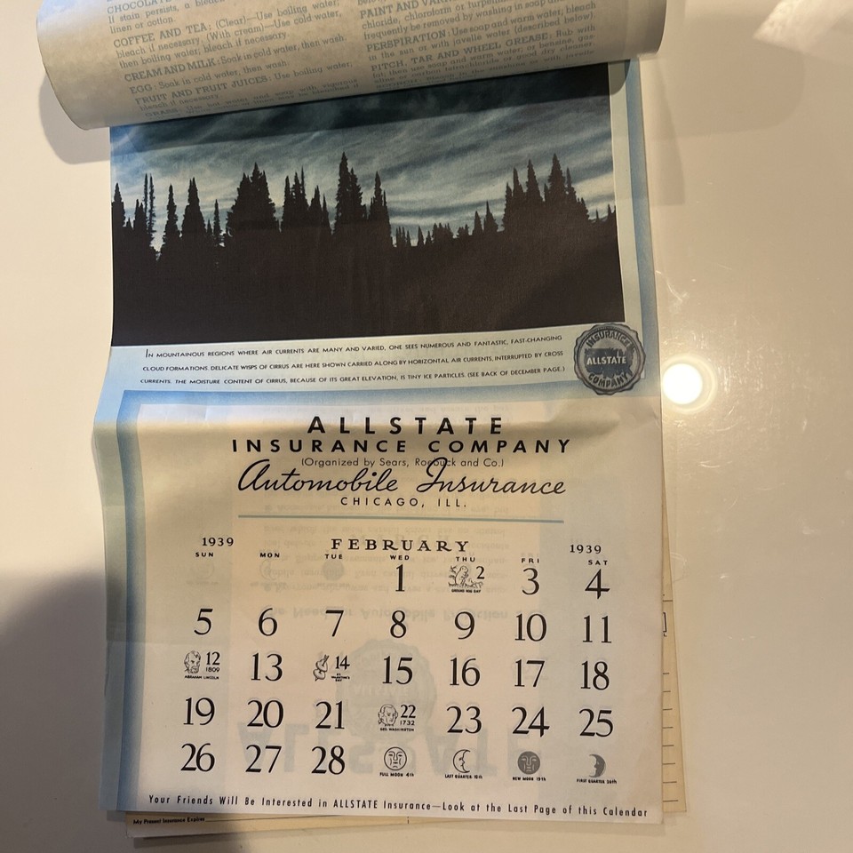 1939 Allstate Insurance Calendar - no markings, complete | eBay