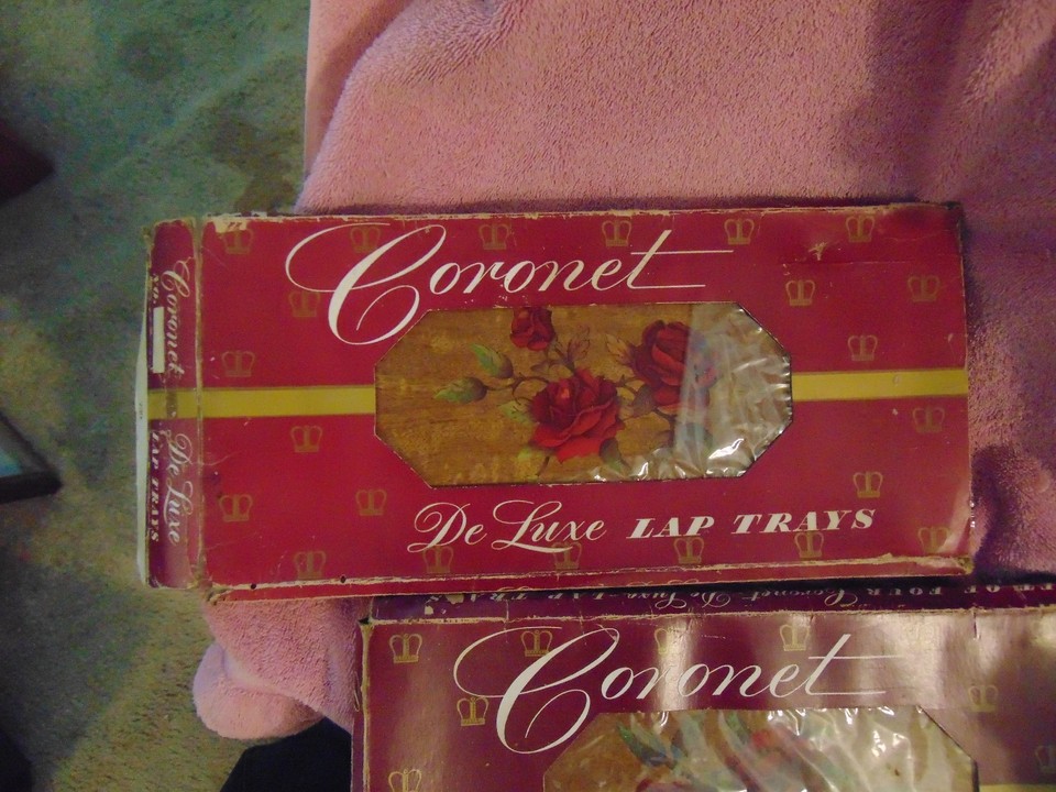 Lot of 8 Coronet De Luxe Lap Trays Boxes Rose Lithograph Covered Wood ...