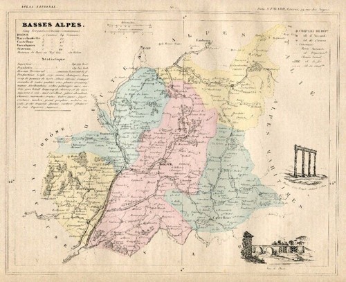 Véritable Original Antique 1877 France Carte Colorée À La Main BASSES ...