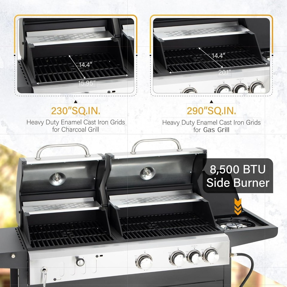 Dual Fuel BBQ Grill Propane Gas & Charcoal Grill with Side Burner ...