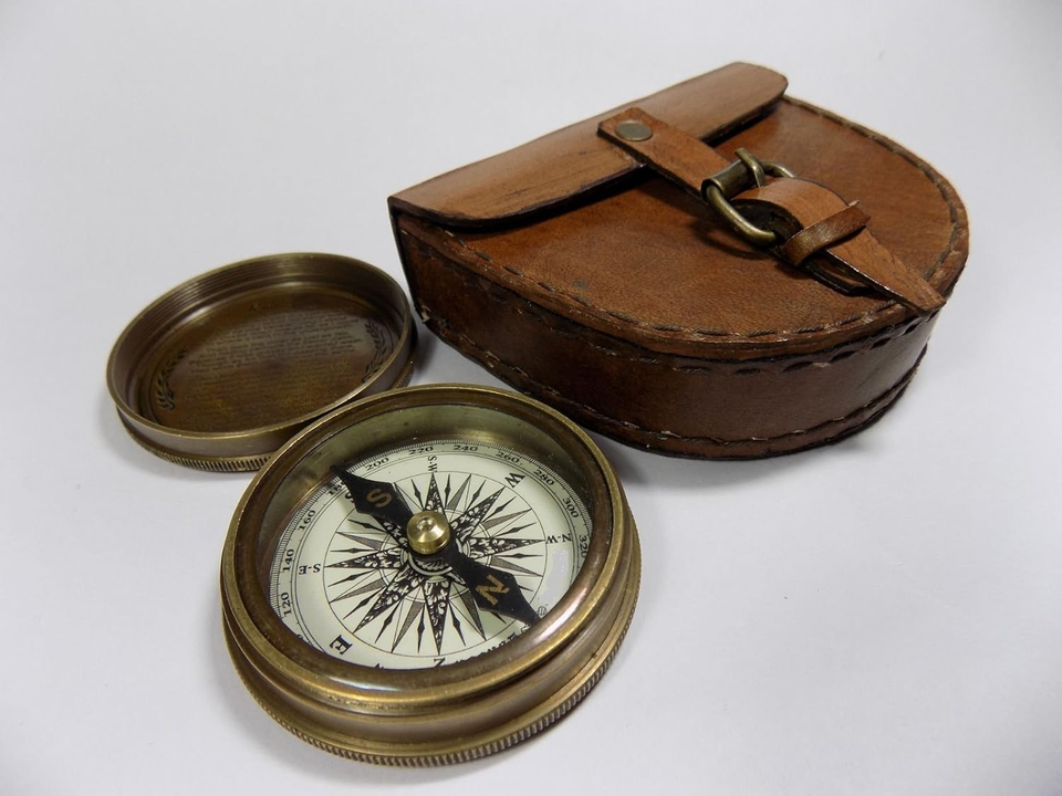 Vintage Brass Pocket Compass with Leather Case Rustic Navigation Gift ...