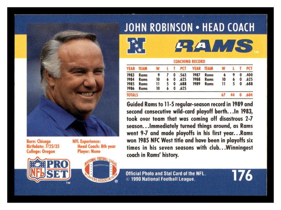 1990 Pro Set #176 John Robinson - Los Angeles Rams | eBay
