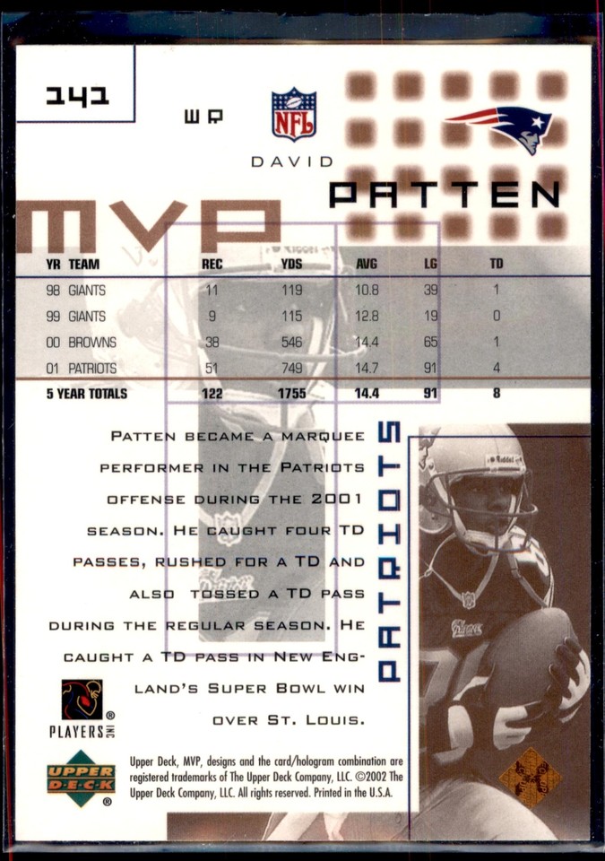 David Patten #141 2002 Upper Deck MVP | eBay