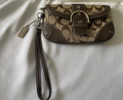 COACH Brown Leather Buckle Flap Signature Jacquard Wristlet Clutch ...