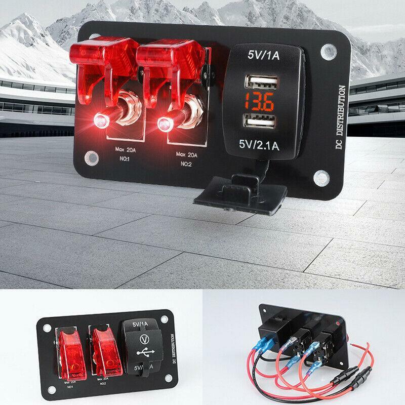 2 Gang Red LED Rocker Switch Control Panel Breaker Dual USB for Car ...