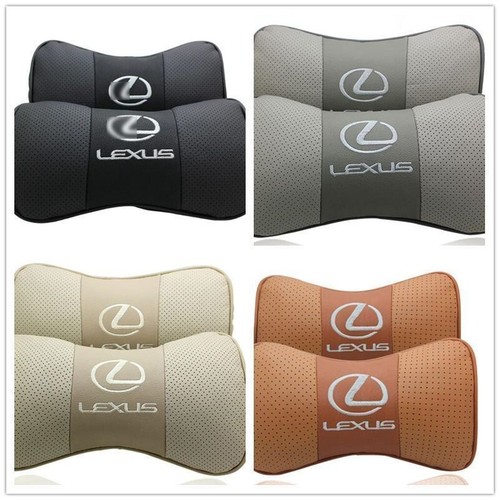 LEXUS Logo Neck Car Pillow Cowhide Leather PP Cotton Headrest 2 Set ...
