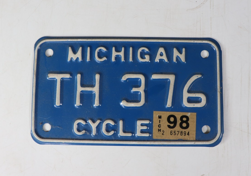 Vintage 1998 Michigan Motorcycle License Plate TH 376 Cycle Tag Blue ...