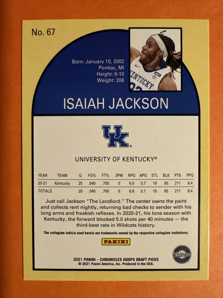 2021 Panini Chronicles Draft Picks #67 Isaiah Jackson Kentucky Wildcats ...