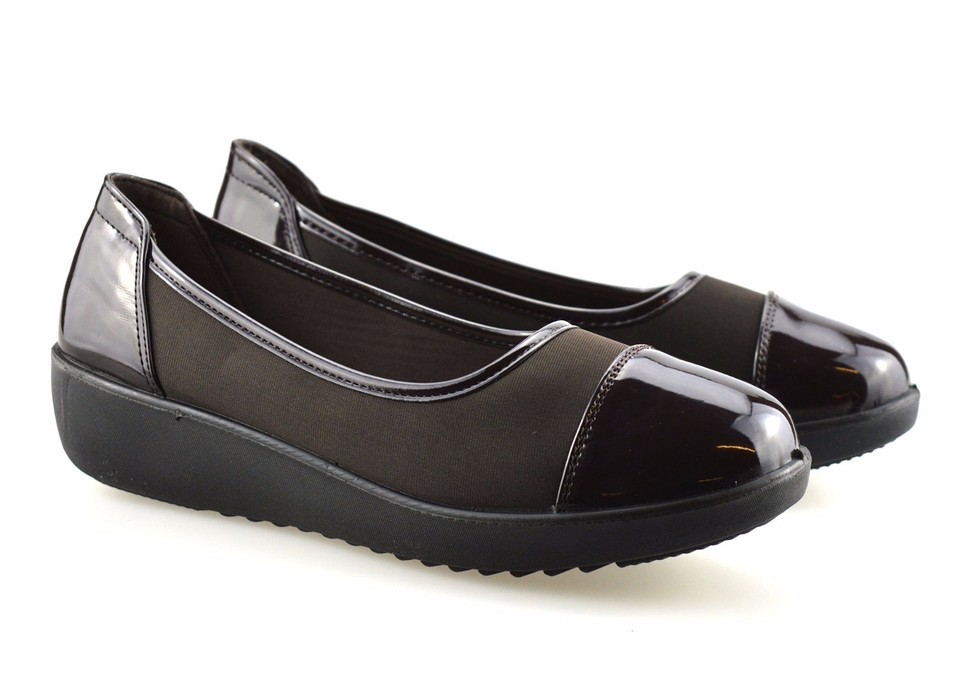 Ladies Womens Mid Wedge Heel Leather Smart Casual Work Pumps Plimsolls ...