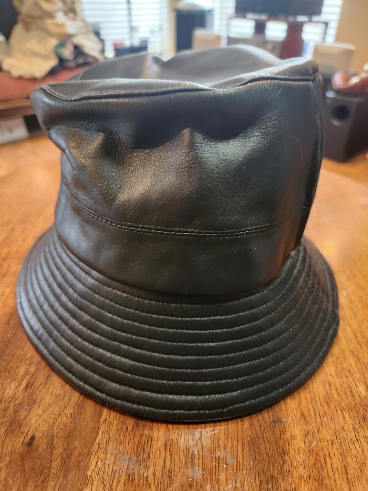 KOKIN NEW YORK The Packables BLACK Bucket Hat Leather 80s Retro FISHING ...