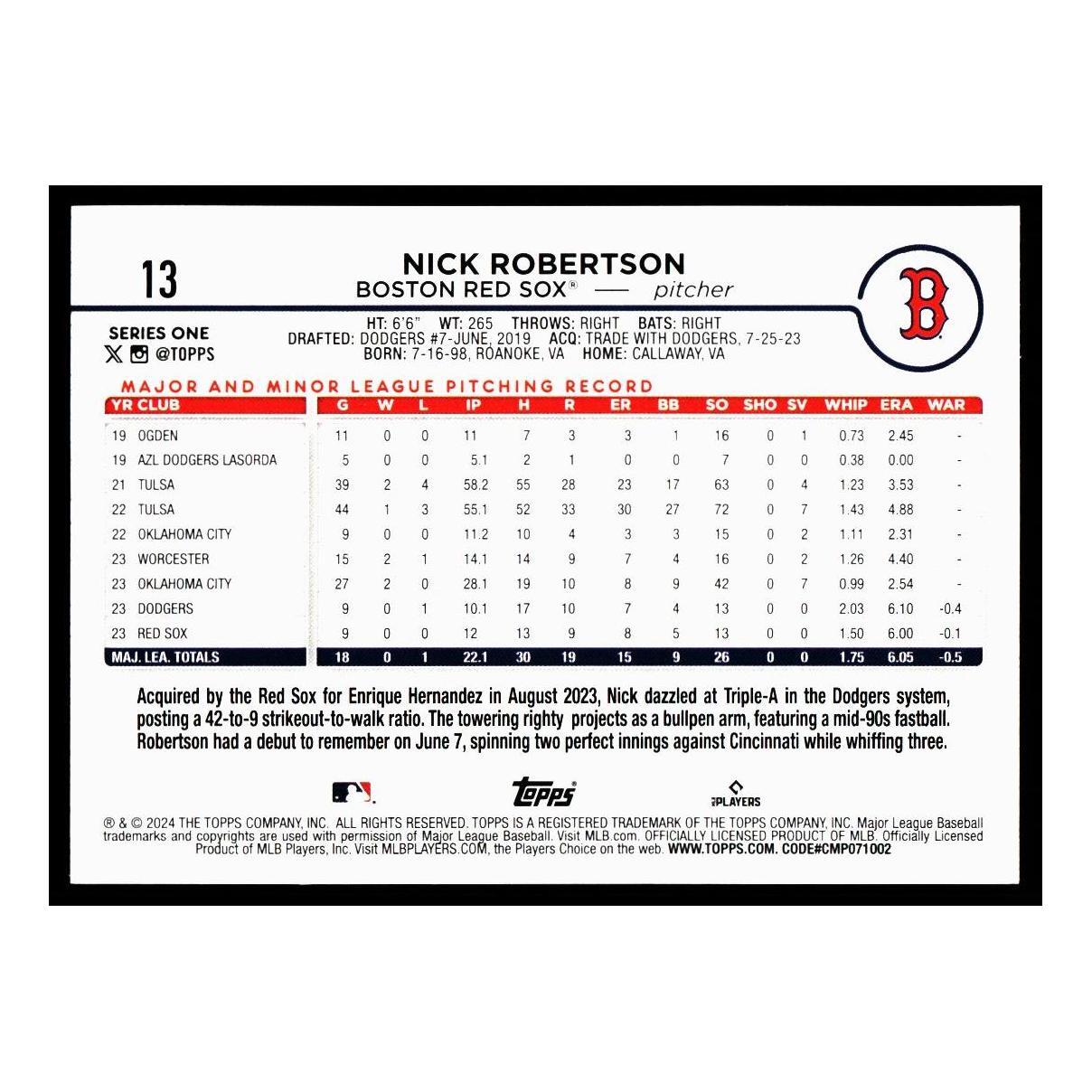 2024 Topps Series 1 #13 Nick Robertson Rookie Boston Red Sox Baseball ...