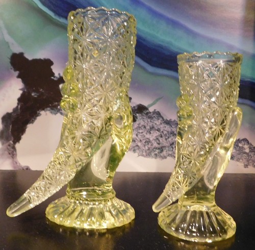 EAPG 1880s Vaseline Glass Daisy & Square Cornucopia / Hand Holding Vase ...